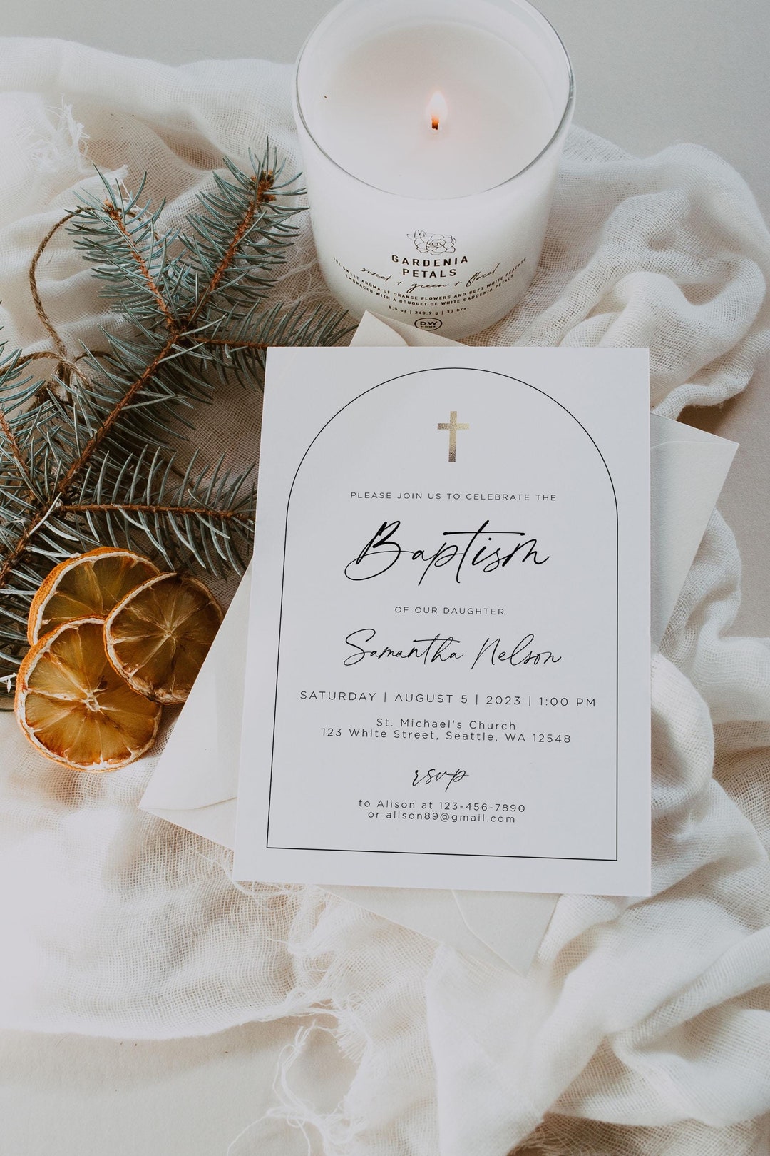 Minimalist Baptism Invitation Template, Modern Arch Baptism Invite ...