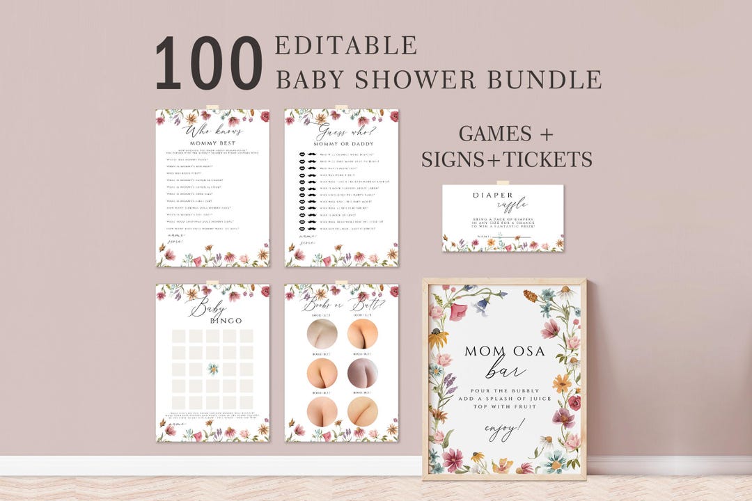 100 Editable Pink Flower Baby Shower Games and Signs, Pink Wildflower ...