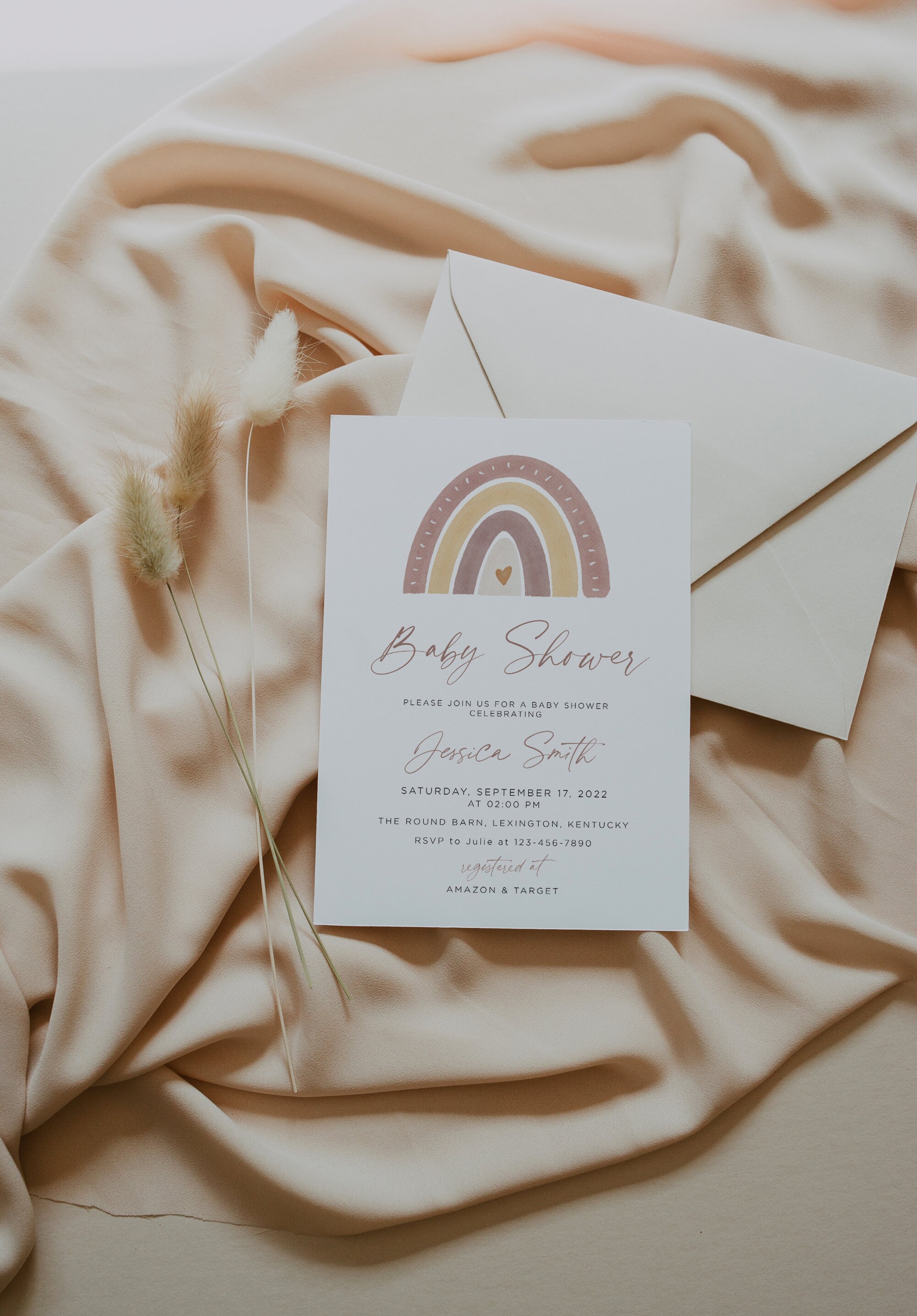Boho Rainbow Baby Shower Invitation Suite, Muted Tones Boho Baby Shower ...