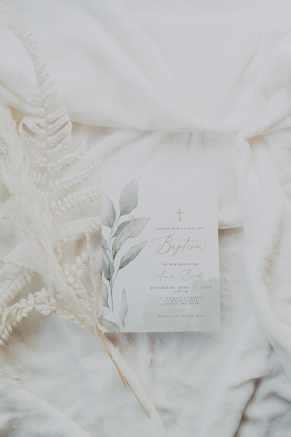 Gold Baptism Invitation Template Editable Greenery Baptism - Etsy