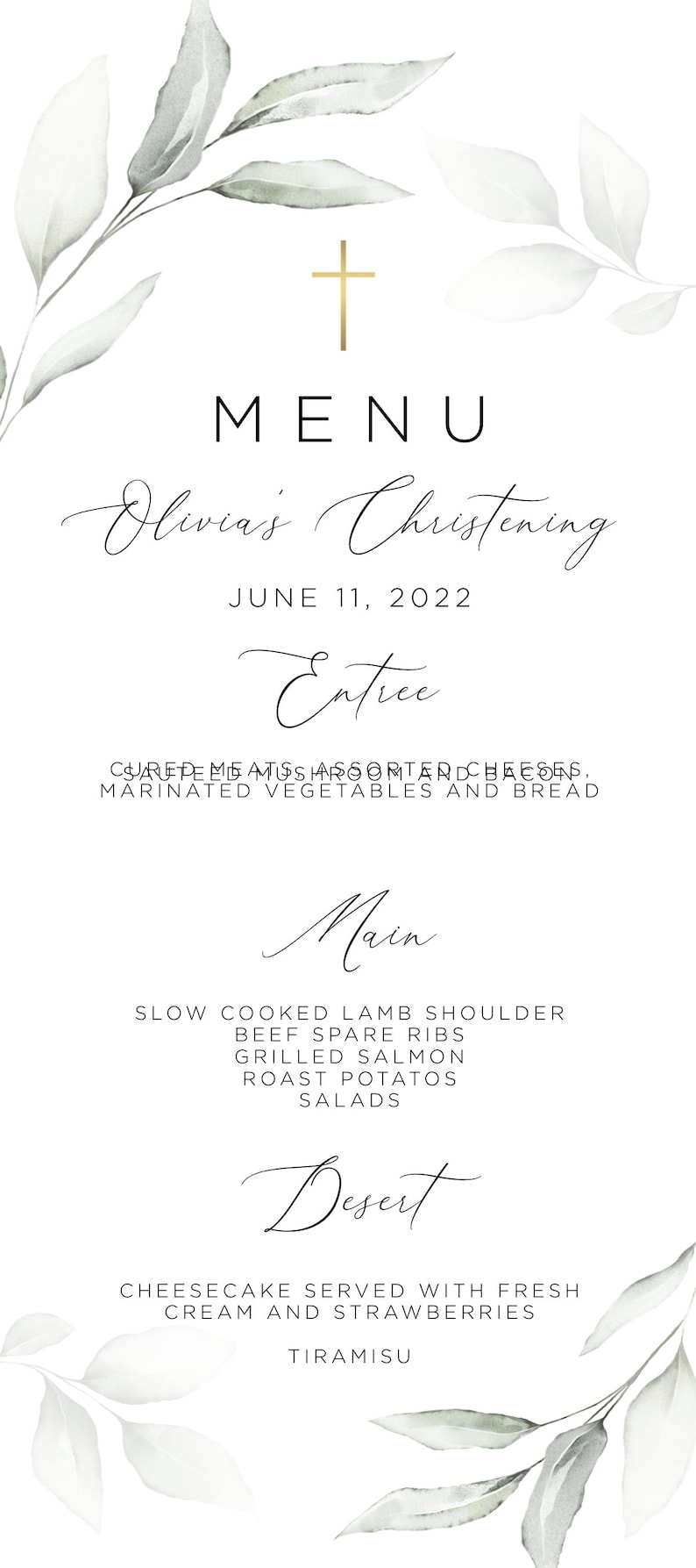 Greenery Baptism Menu Template Printable Christening Table - Etsy