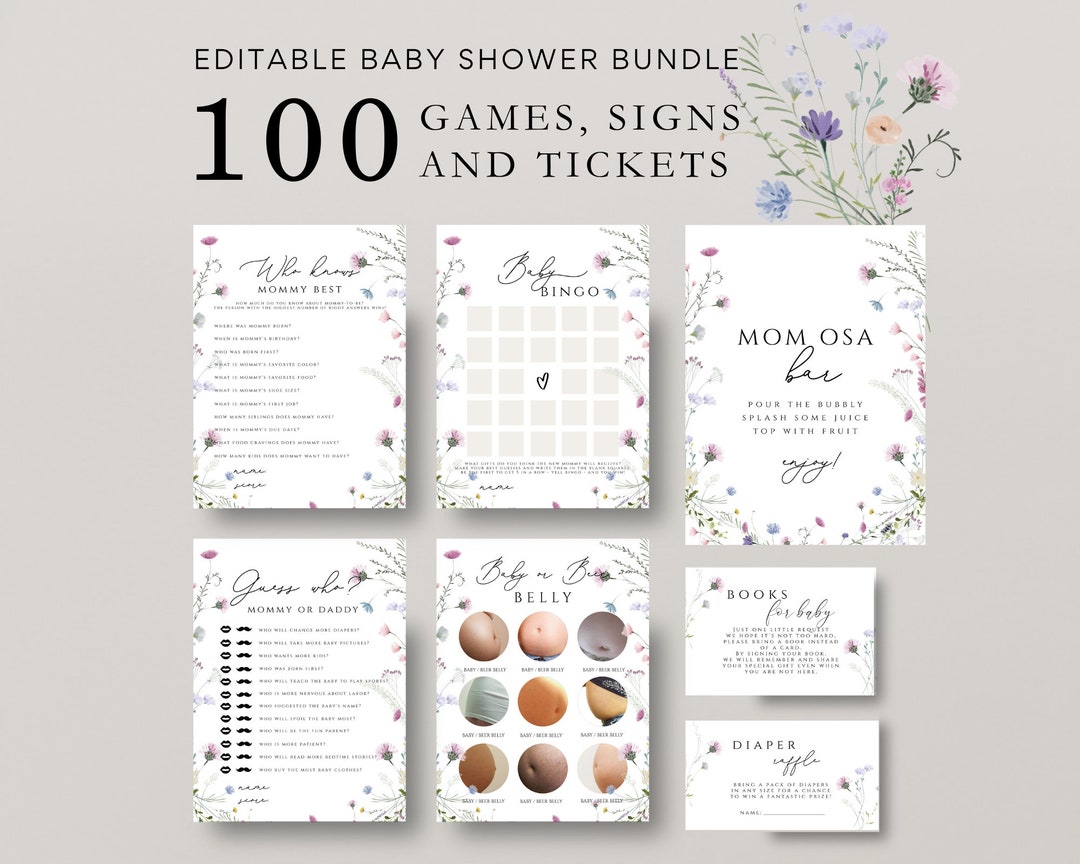 100 Editable Pink Flower Baby Shower Games and Signs, Wildflower Baby ...
