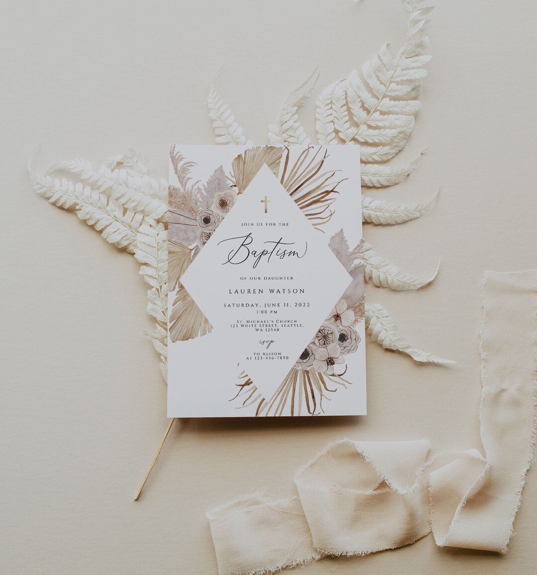 Boho Baptism Invitation Template, Girls Baptism Invitation, Baptism ...