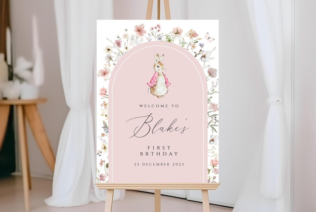 Peter Rabbit First Birthday Welcome Sign, Pink Peter Rabbit Floral ...