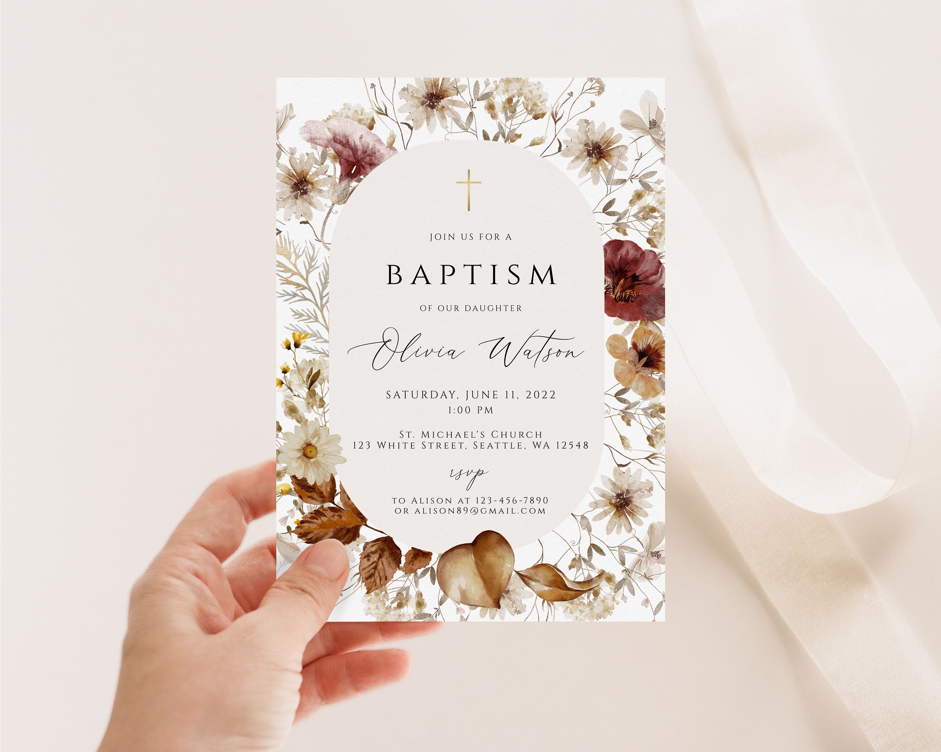Fall Autumn Baptism Invitation Blush Pink Baptism Invitation Template ...