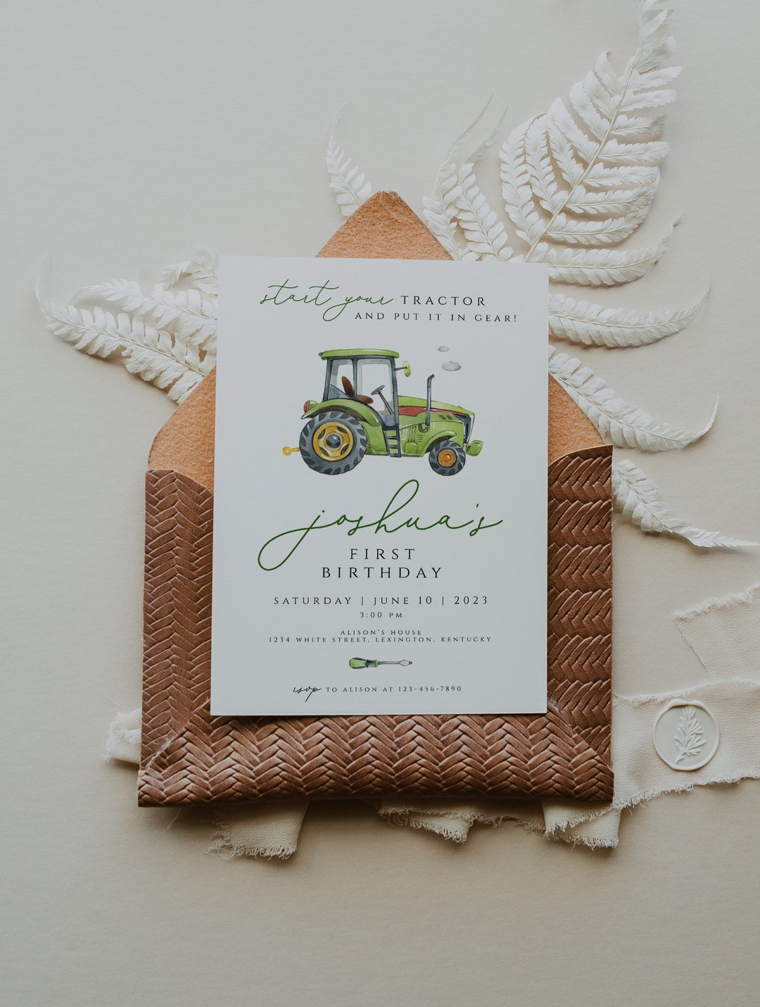 Green Tractor Invitation Tractor Birthday Party Invitation Boy 1st ...