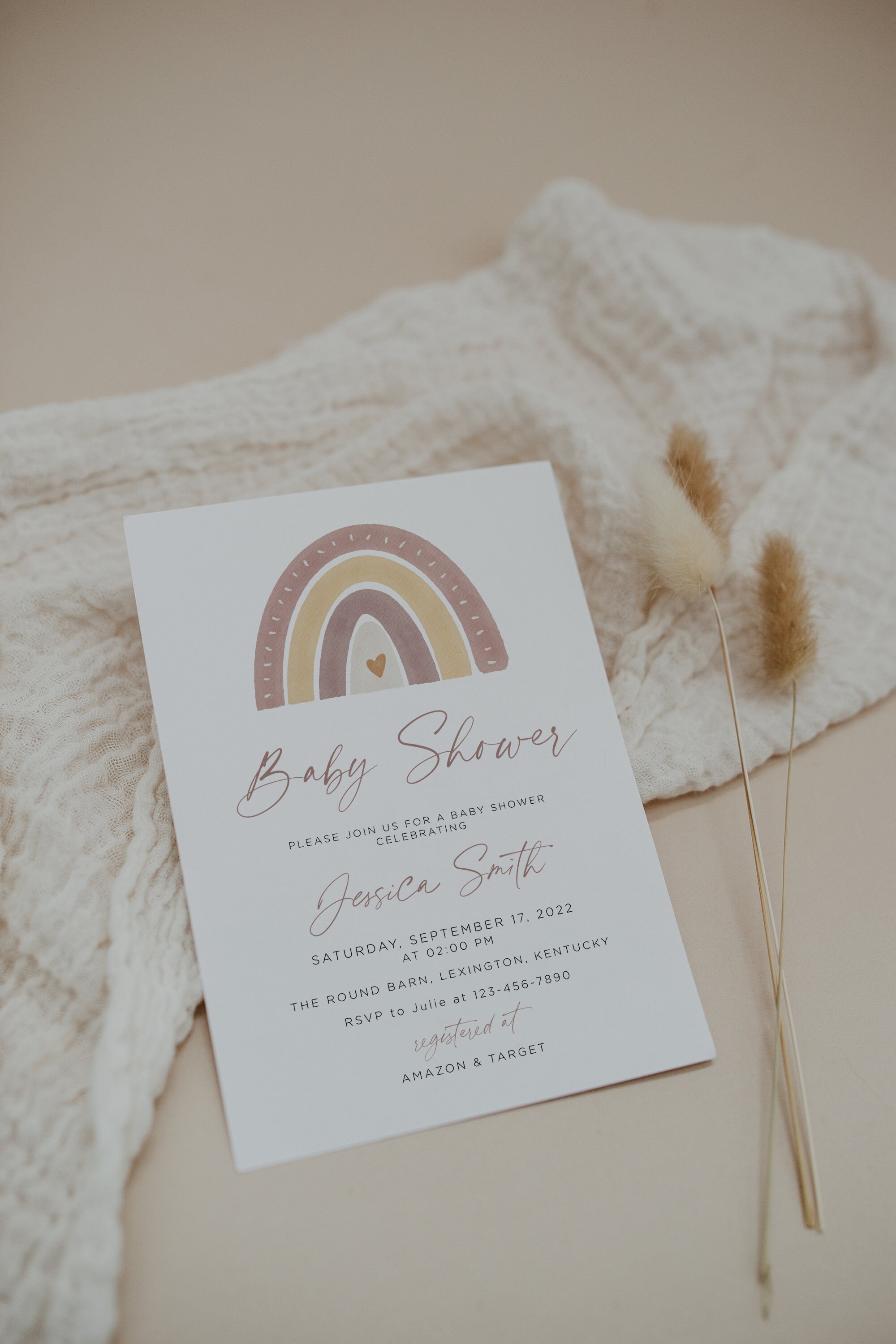 Boho Rainbow Baby Shower Invitation Suite, Muted Tones Boho Baby Shower ...