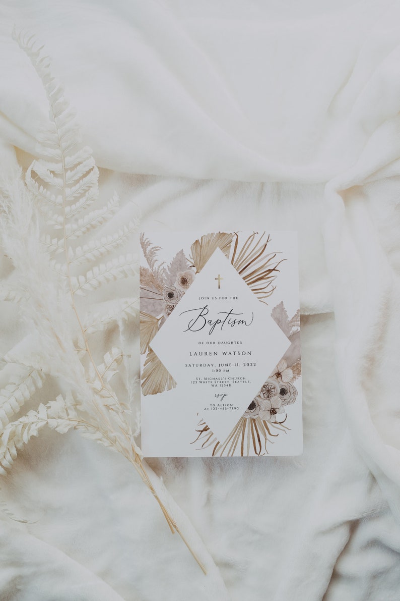 Boho Baptism Invitation Template Girls Baptism Invitation - Etsy