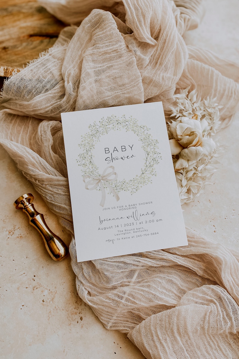 White Flowers Baby Shower Invitation, Baby's Breath Shower Invitation ...