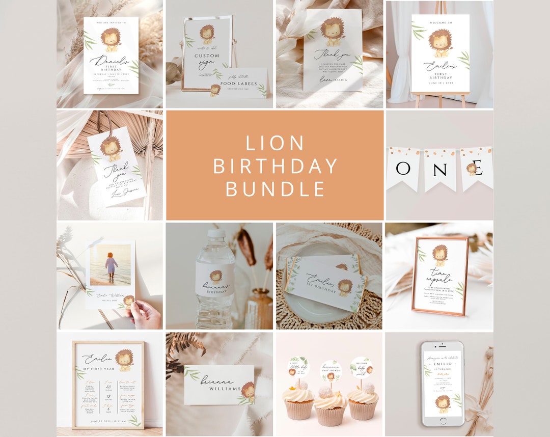 Lion 1st Birthday Bundle, Safari Animal Birthday Invitation Bundle ...