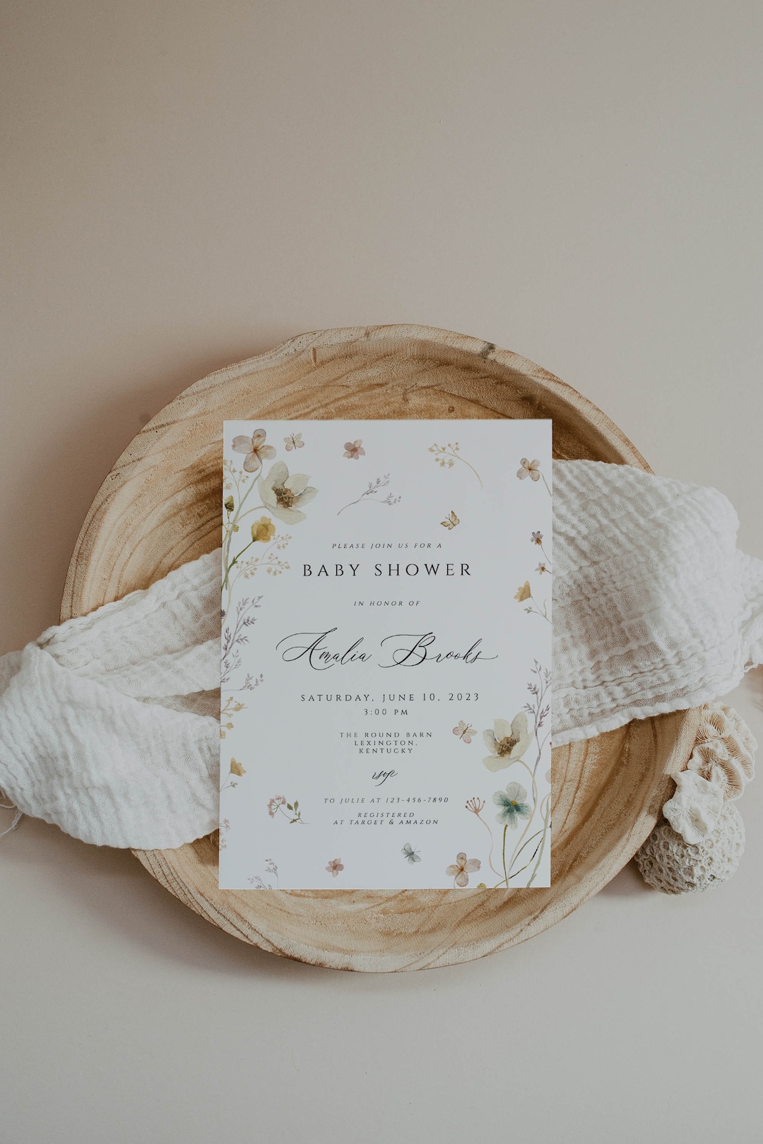 Wildflower Baby Shower Invitation, White Flowers Baby Shower Invitation ...