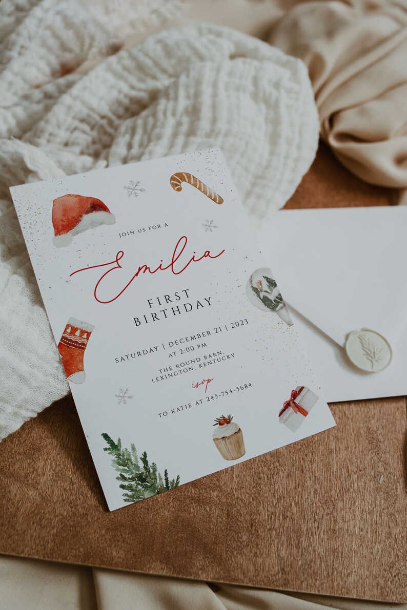 Christmas First Birthday Invitation, Xmas Holiday Winter First Birthday ...