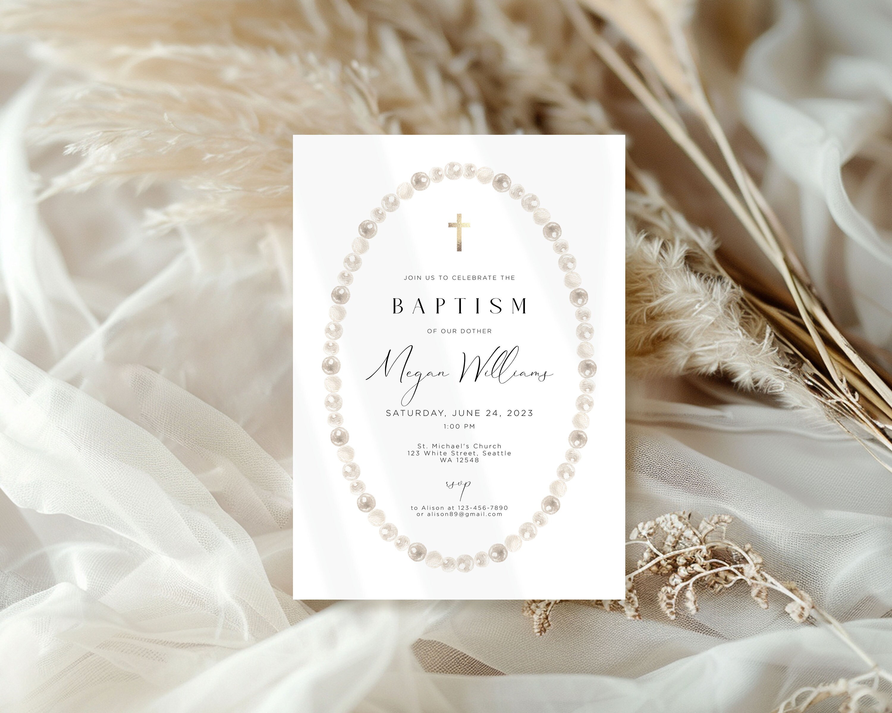Pearl Baptism Invitation, Simple Baptism Invitation, Minimalist Holy ...