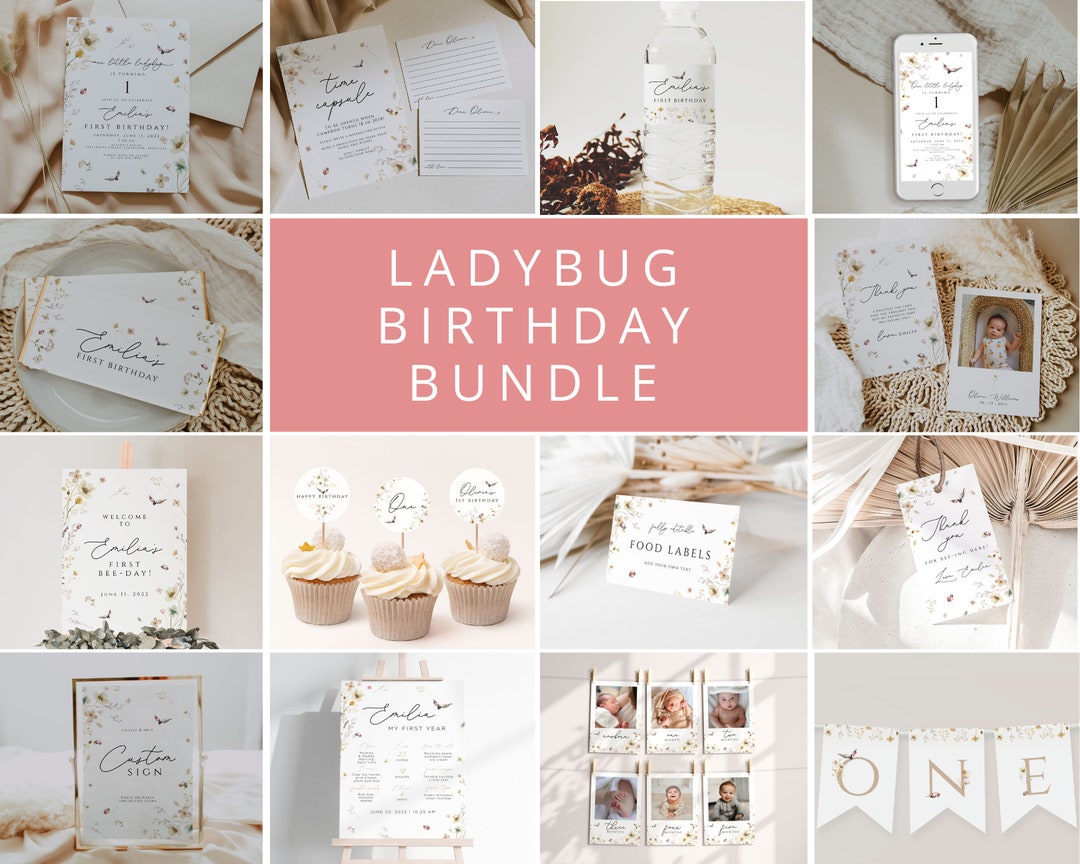 First Ladybug Day Invitation Bundle, editable 1st Birthday Bundle ...