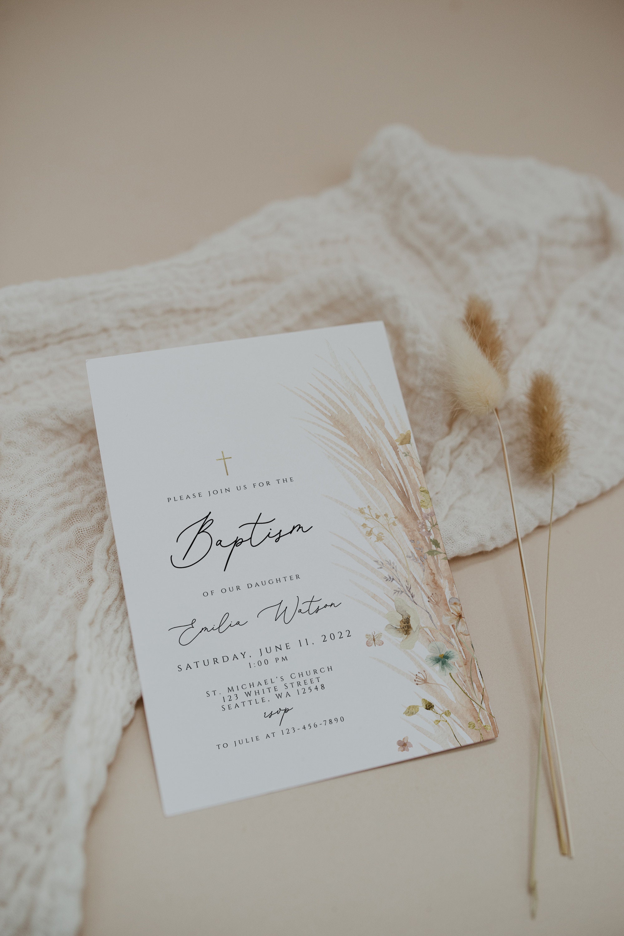 Editable Pampas Grass Baptism Invitation Boho Baptism - Etsy