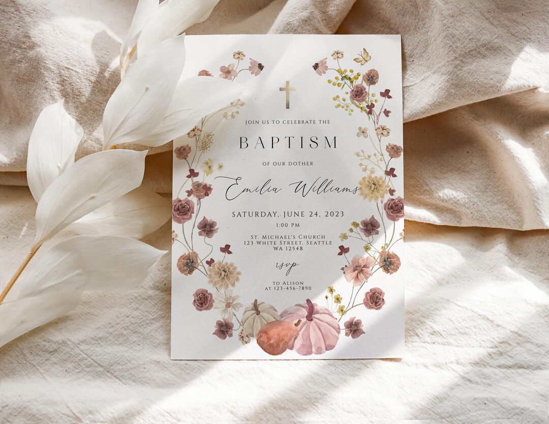 Fall Autumn Baptism Invitation Blush Pink Baptism Invitation Template ...