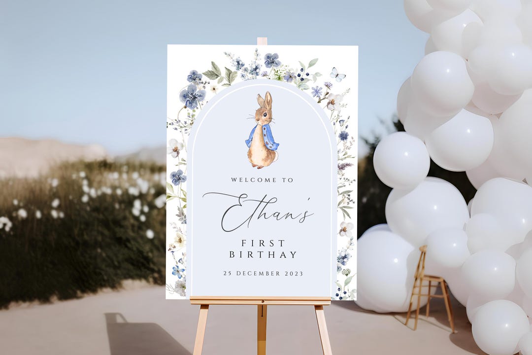 Peter Rabbit First Birthday Welcome Sign, Peter Rabbit Floral Welcome ...
