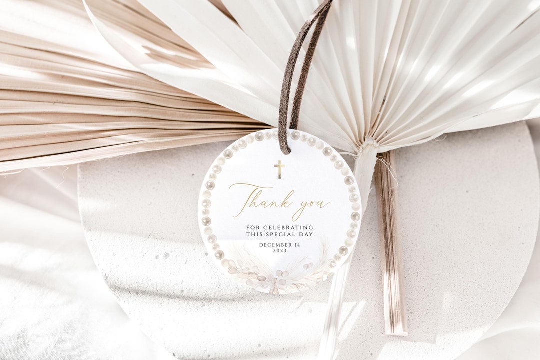 Christening Pearl Baptism Favor Tag, Minimalist Boho Baptism Tag, Favor ...
