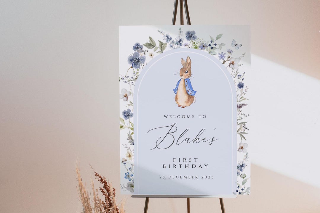 Peter Rabbit First Birthday Welcome Sign, Peter Rabbit Floral Welcome ...
