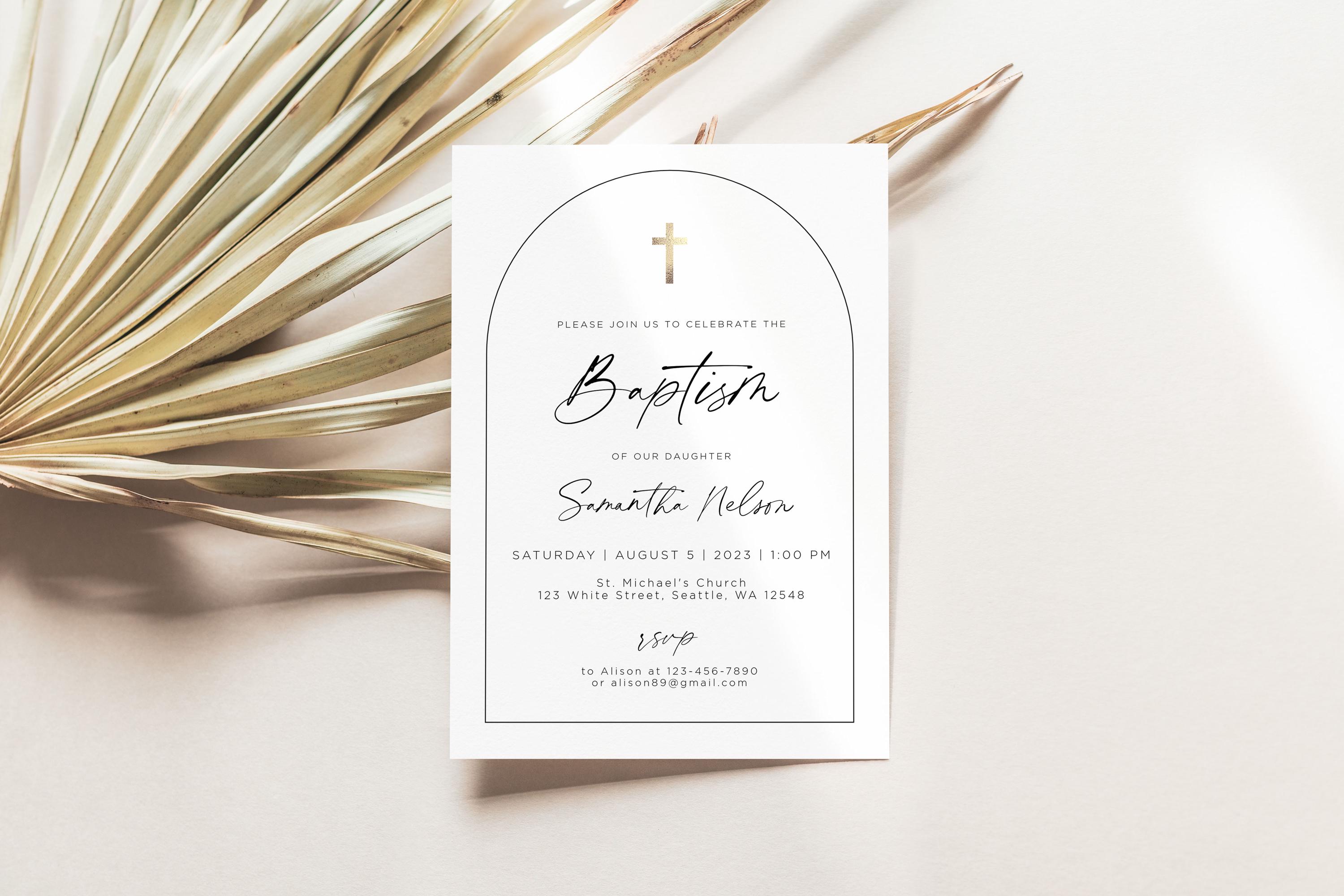 Minimalist Baptism Invitation Template, Modern Arch Baptism Invite ...