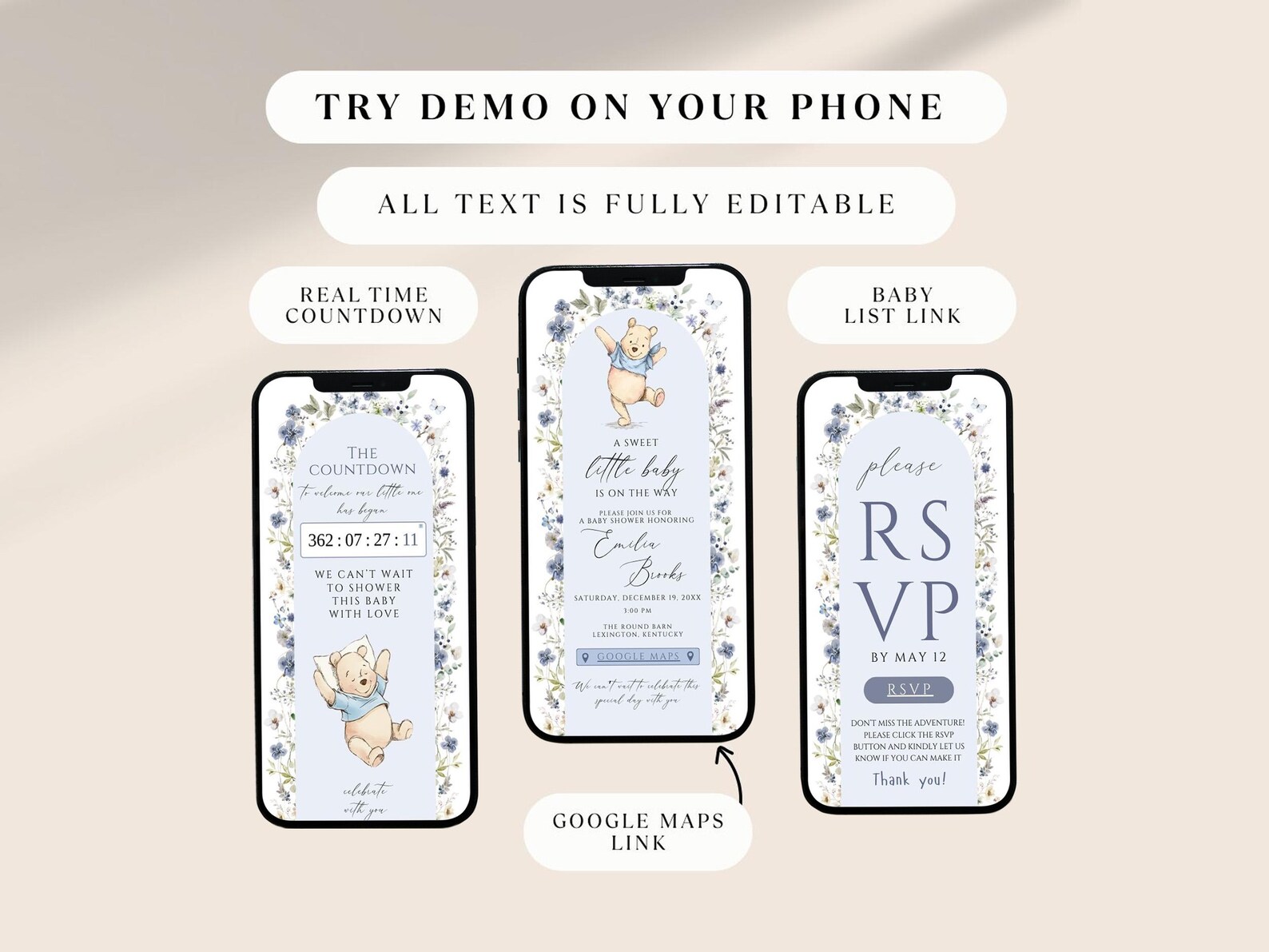 Winnie the Pooh Floral Arch Boy Baby Shower Digital Invitation RSVP ...