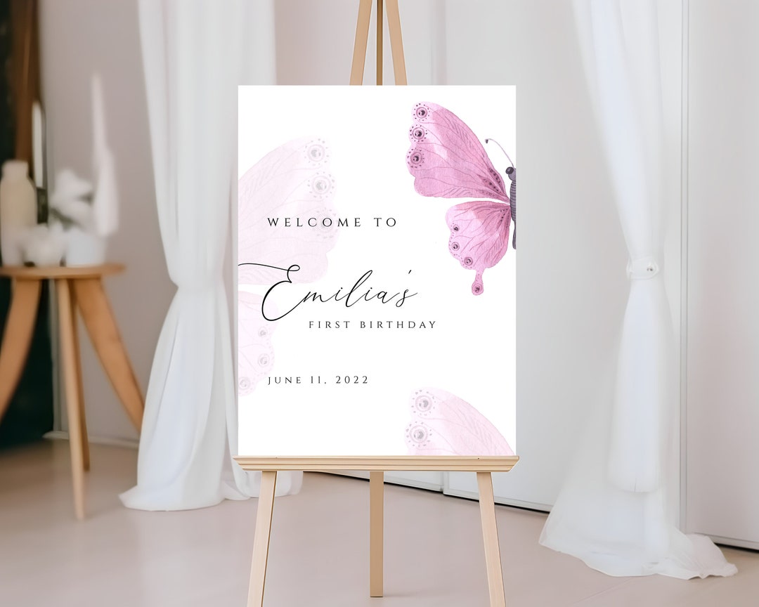Butterfly Birthday Welcome Sign, Butterfly Purple Floral Garden Welcome ...