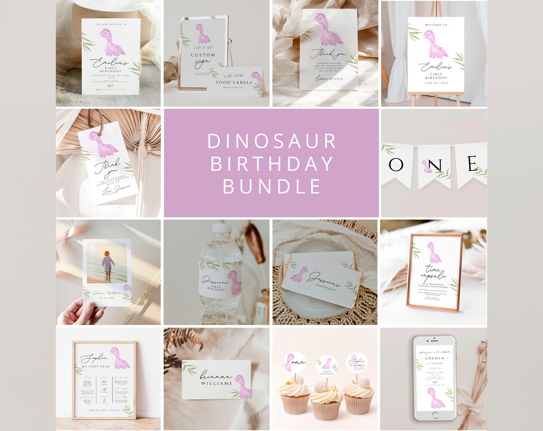 Dinosaur 1st Birthday Bundle, Dino Girl Birthday Bundle, Dino ...