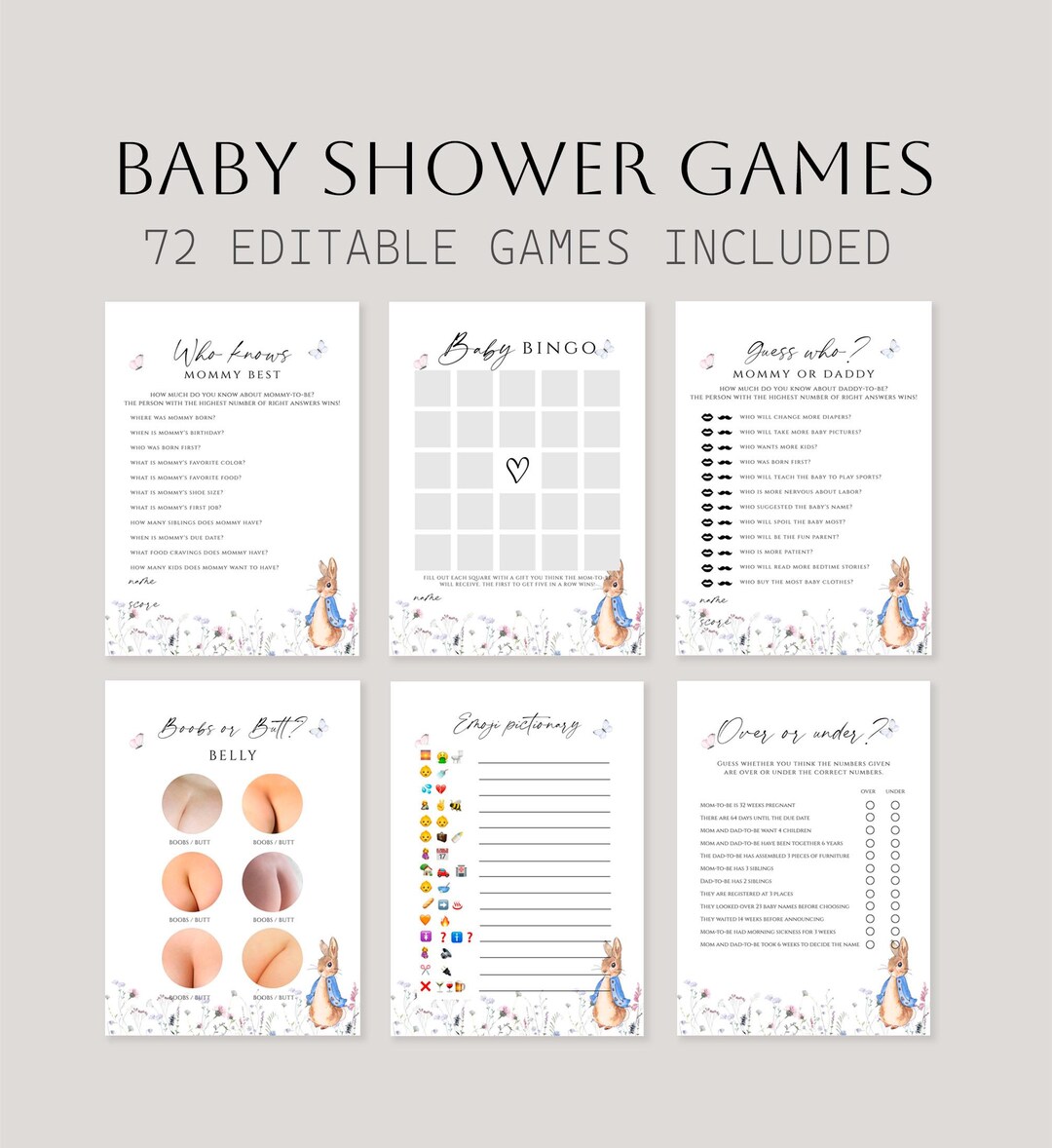 Editable Peter Rabbit Baby Shower Game Bundle, Blue Peter Rabbit Baby ...