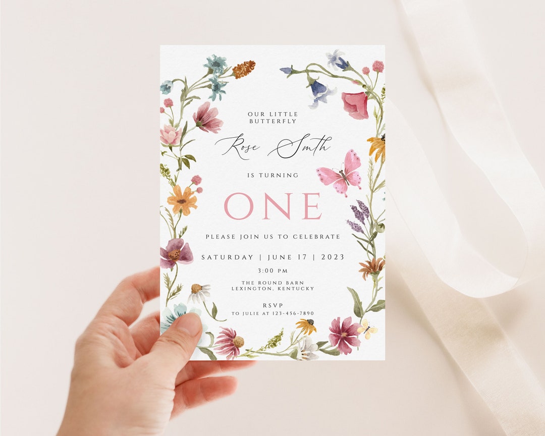 Butterfly 1st Birthday Invitation, Pink Butterfly Wildflower First ...