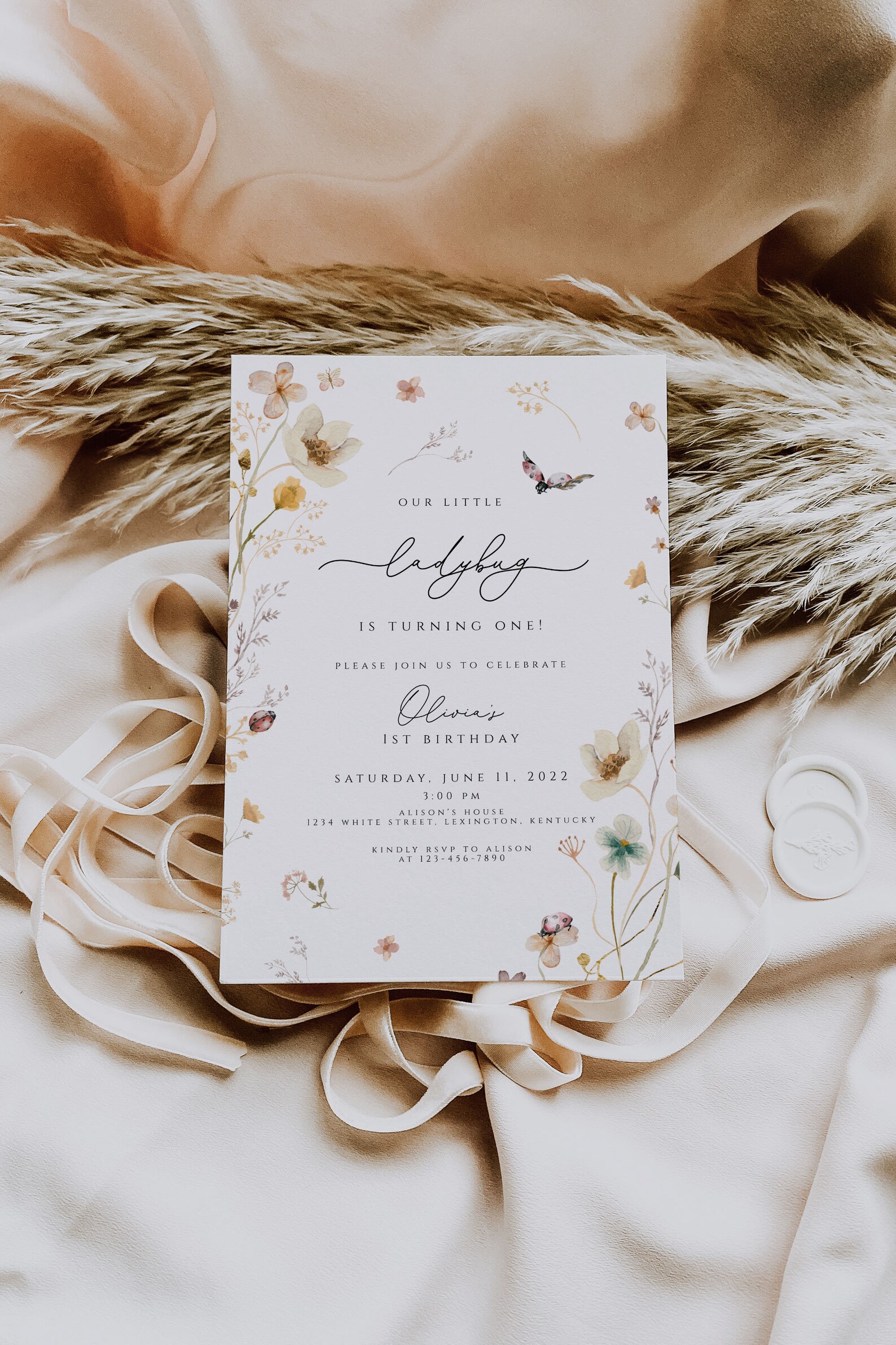 Ladybug Birthday Invitation, Girl Bug First Birthday Invitation, 1st ...