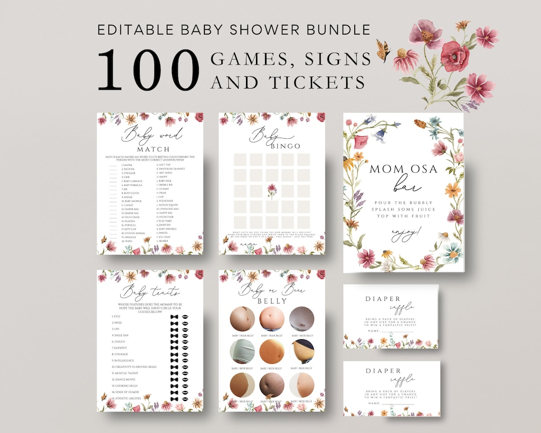 100 Editable Pink Flower Baby Shower Games and Signs, Wildflower Baby ...