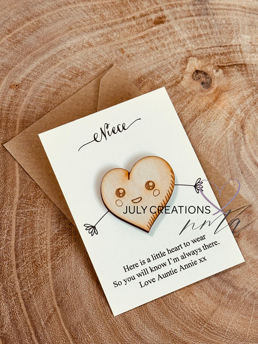 Niece Heart Customised Card With Heart Pin Badge. Wearable Heart Badge ...