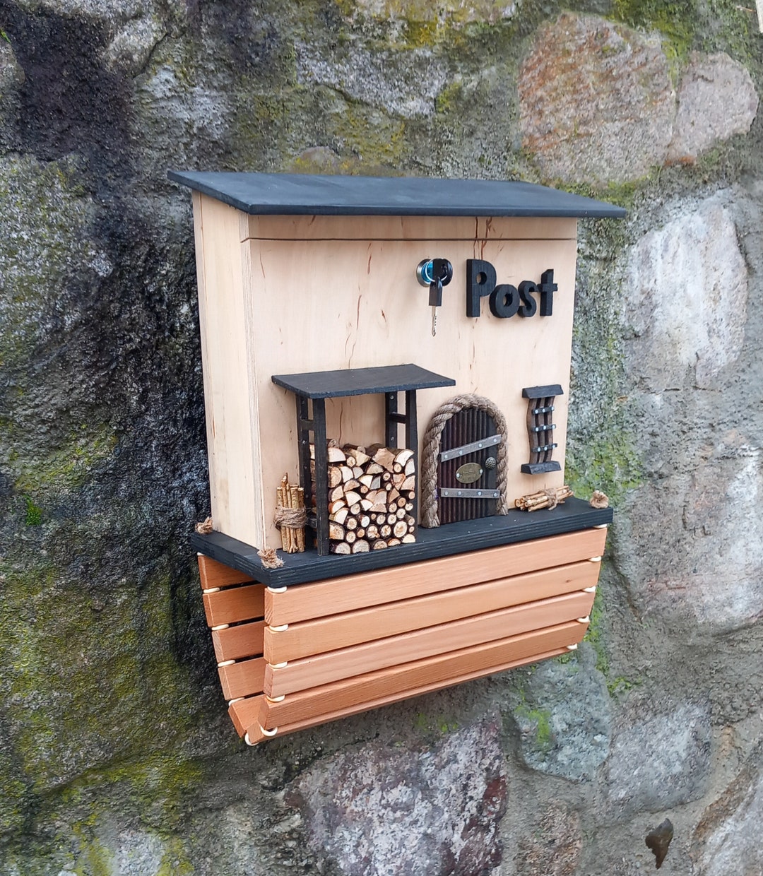 WOODEN MAILBOX, Souvenir Mailbox, Lockable With Flexible Newspaper Tube ...