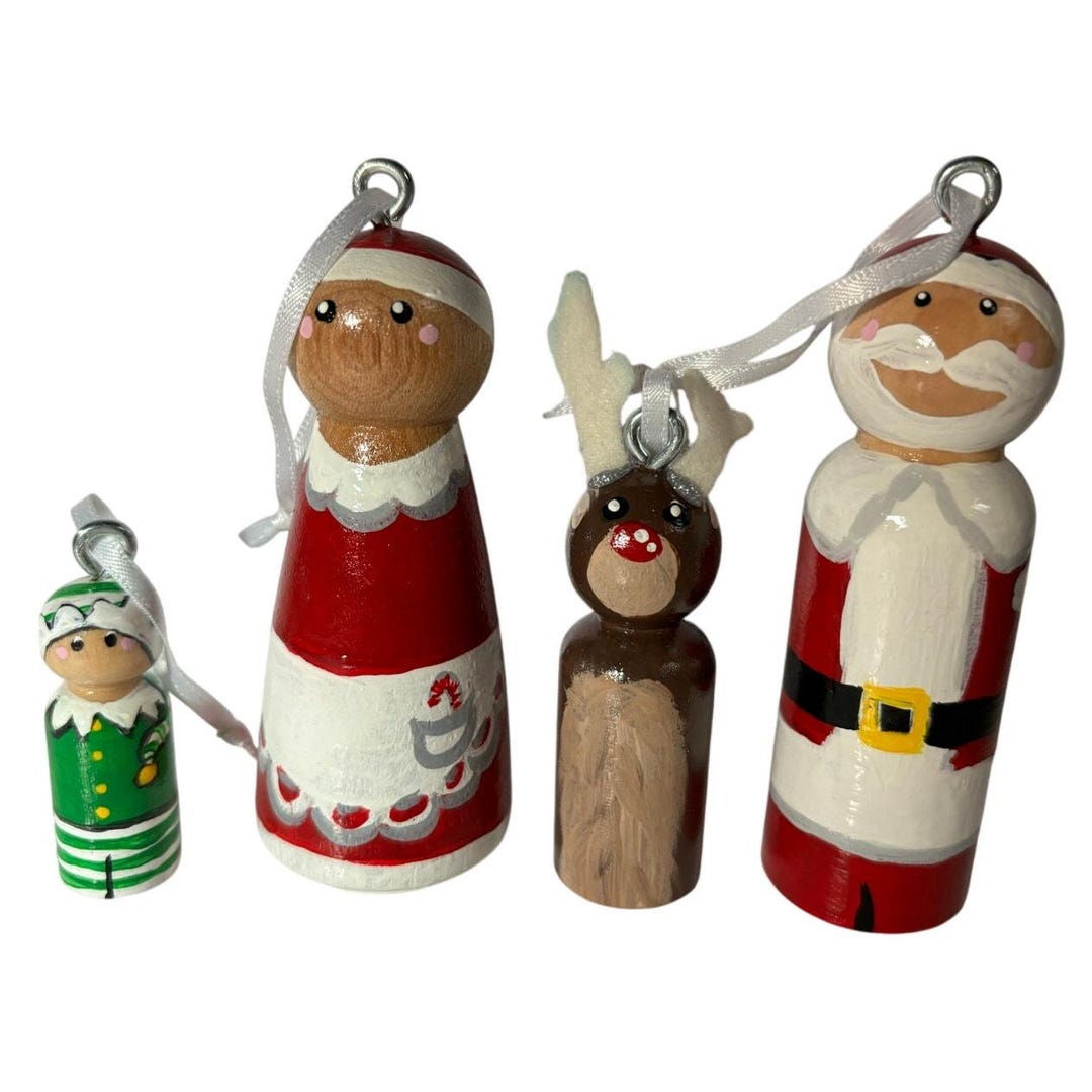 Hand Painted Peg Dolls Christmas Ornaments Santa Mrs Claus Elf Reindeer ...