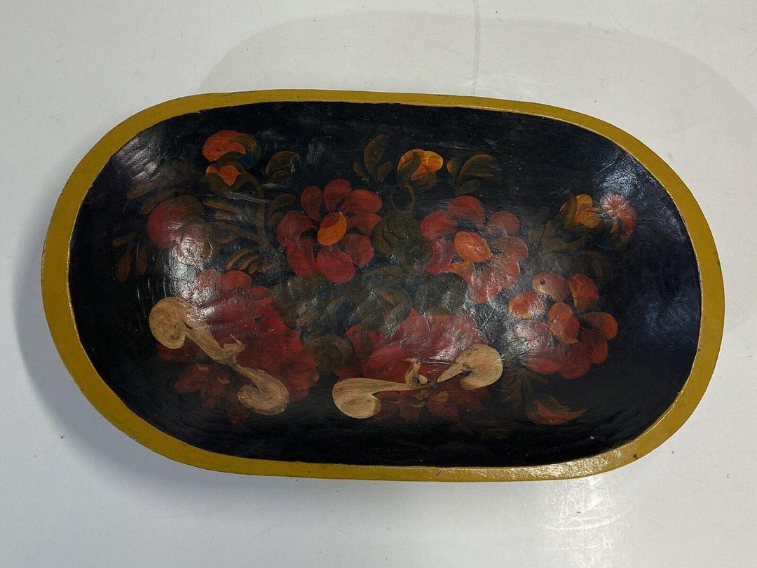 Tole Style Carved Painted Wood Bowl Oval Black Gold Floral Primitive ...