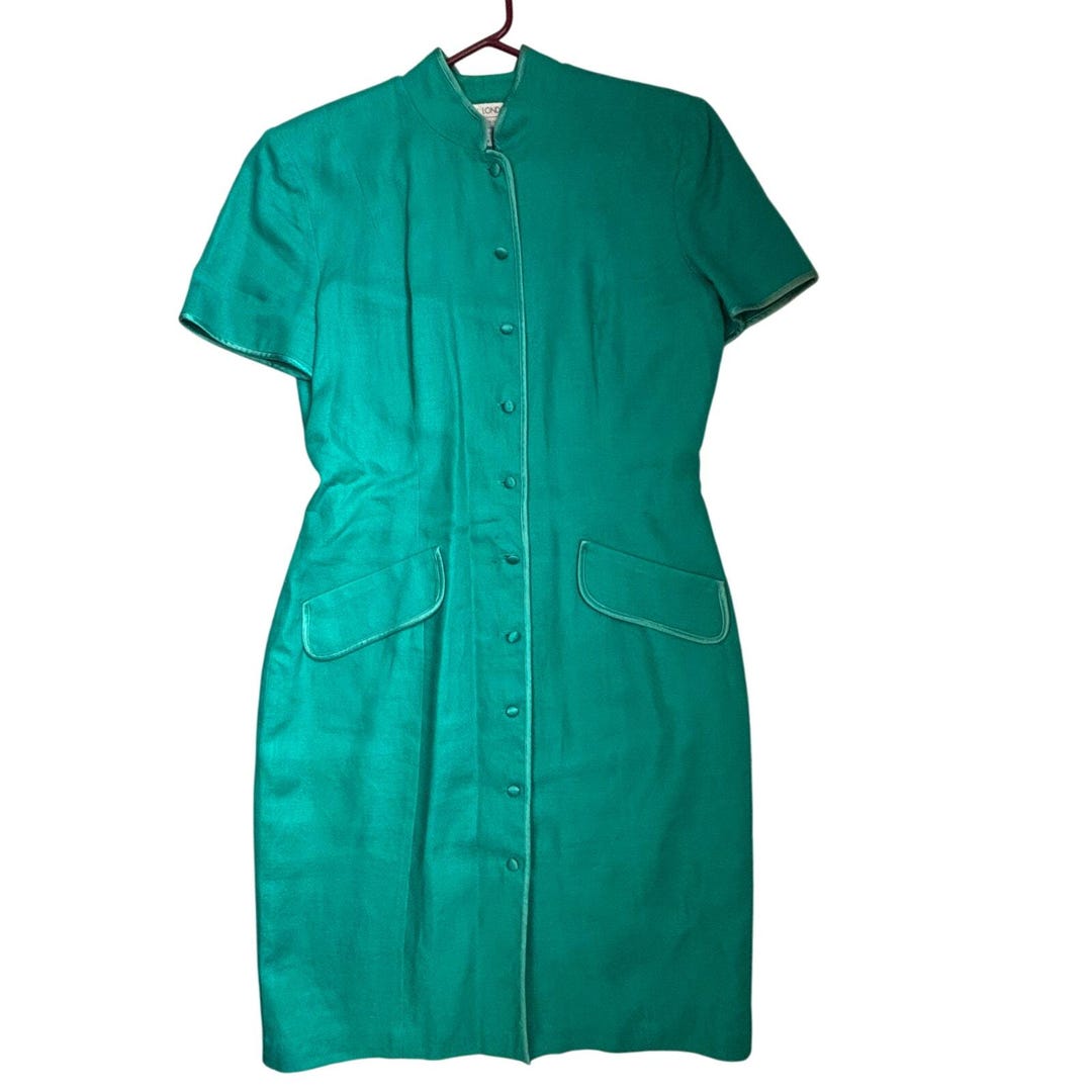 Vintage 80s Womens Linen Green Button Front Dress Sz 8 Short Sleeve ...