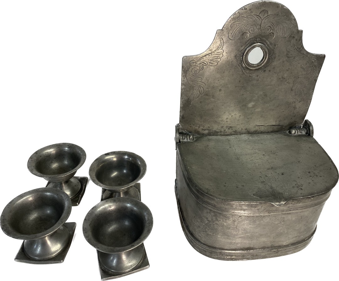 Pewter Wall Mounted Salt Box and Four (4) Pewter Open Salts Antique ...