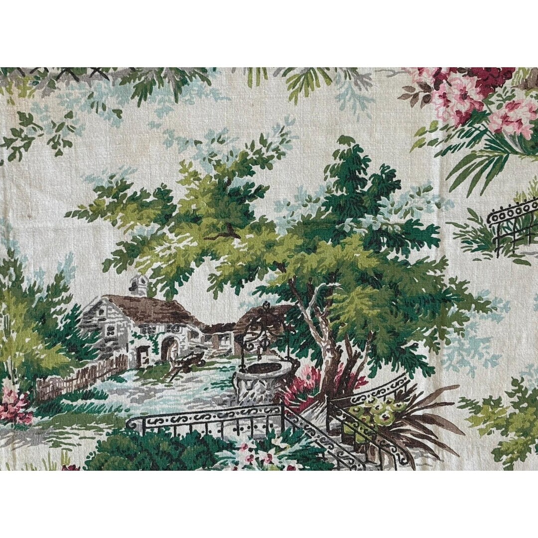 Vintage Barkcloth Fabric Remnant 1940s–60s – Pastoral Print Cotton, 39 ...
