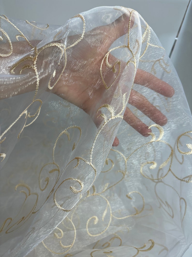 Sheer Gold Embroidered Swirls Apparel and Home Fabric by the Yard Gold ...