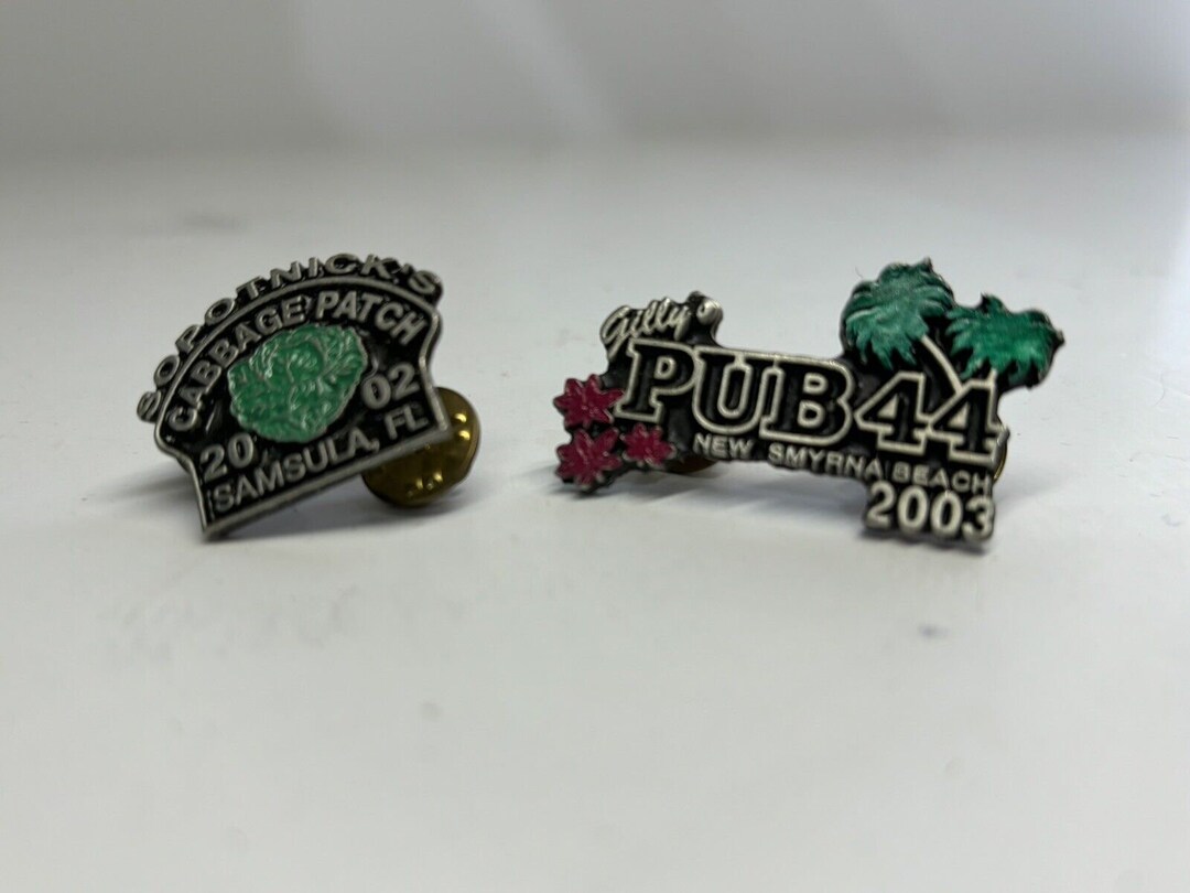 2 Vintage Biker Bar Lapel Hat Pins Pinbacks Gillys Pub 44 Cabbage Patch ...