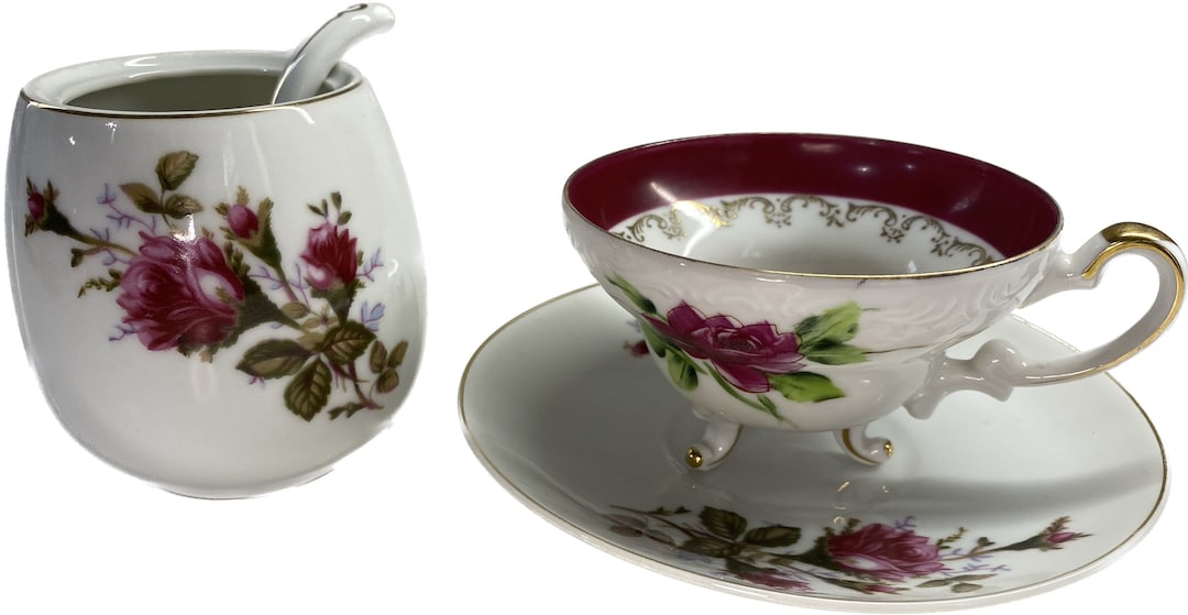 5 Piece Footed Teacup Saucer Jelly Spoon Set L M Pompadour Rose Lipper ...