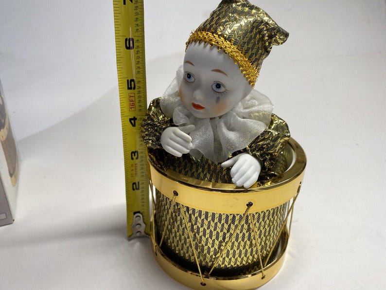 Vintage Westland Porcelain Musical Moving Clown Doll in Drum W Box Gold ...