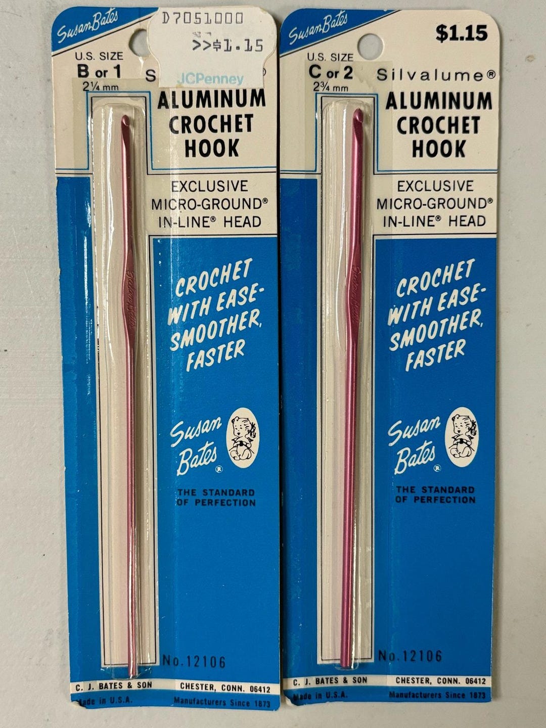 Vintage Susan Bates Aluminum Crochet Hooks Silvalume NEW Size B C, 1 2 ...