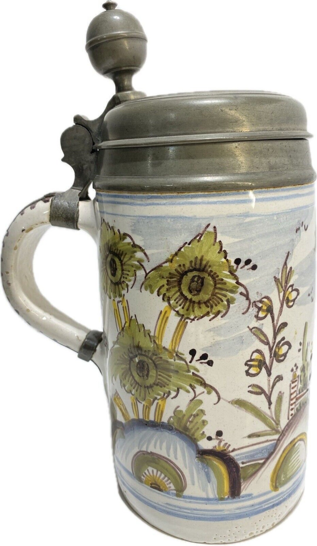 Antique German Pewter Mounted Beer Stein Tankard 18th Century Faience ...
