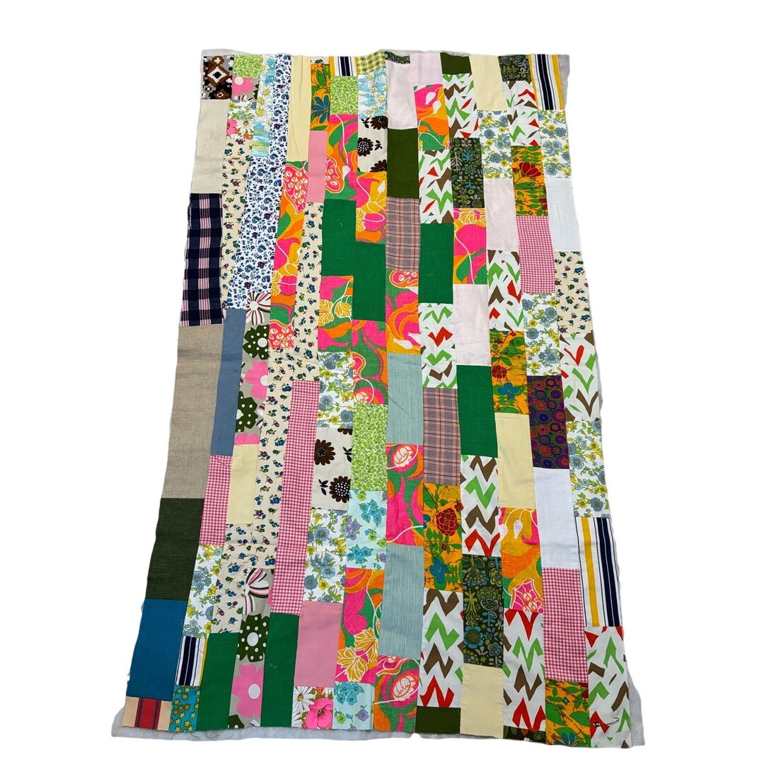 Vntg 70s Lap Quilt Top Unfinished Brick Extra Long Retro Fabric ...