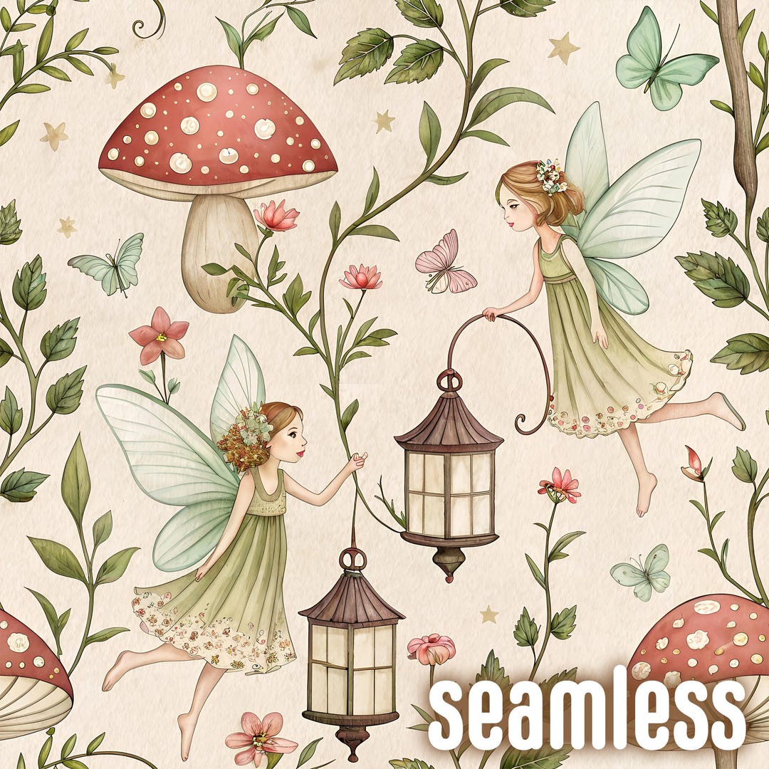 Seamless Pattern of Magical Fairy Garden - Whimsical Fae, Lanterns ...