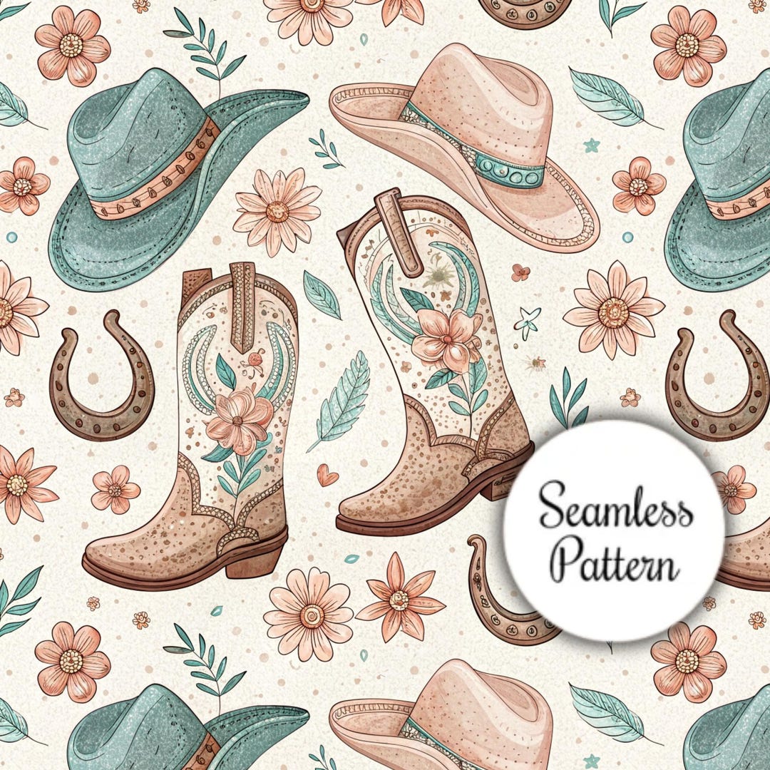 Cowboy Girl Elements Digital Pattern Seamless Tile, Western Theme ...