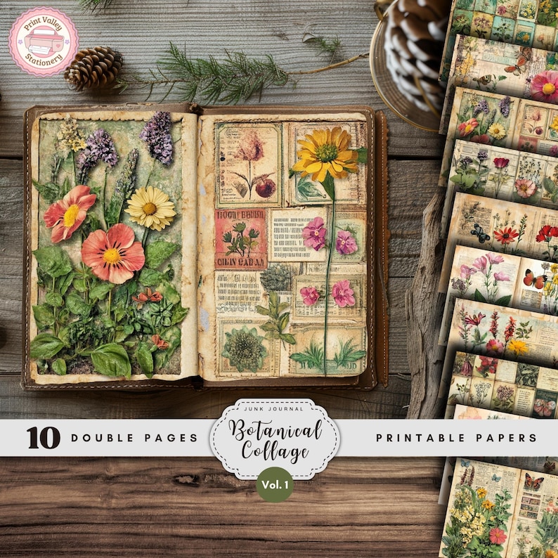 Vintage Botanical Digital Paper, Aged Nature Plant, Herb Scrapbook ...