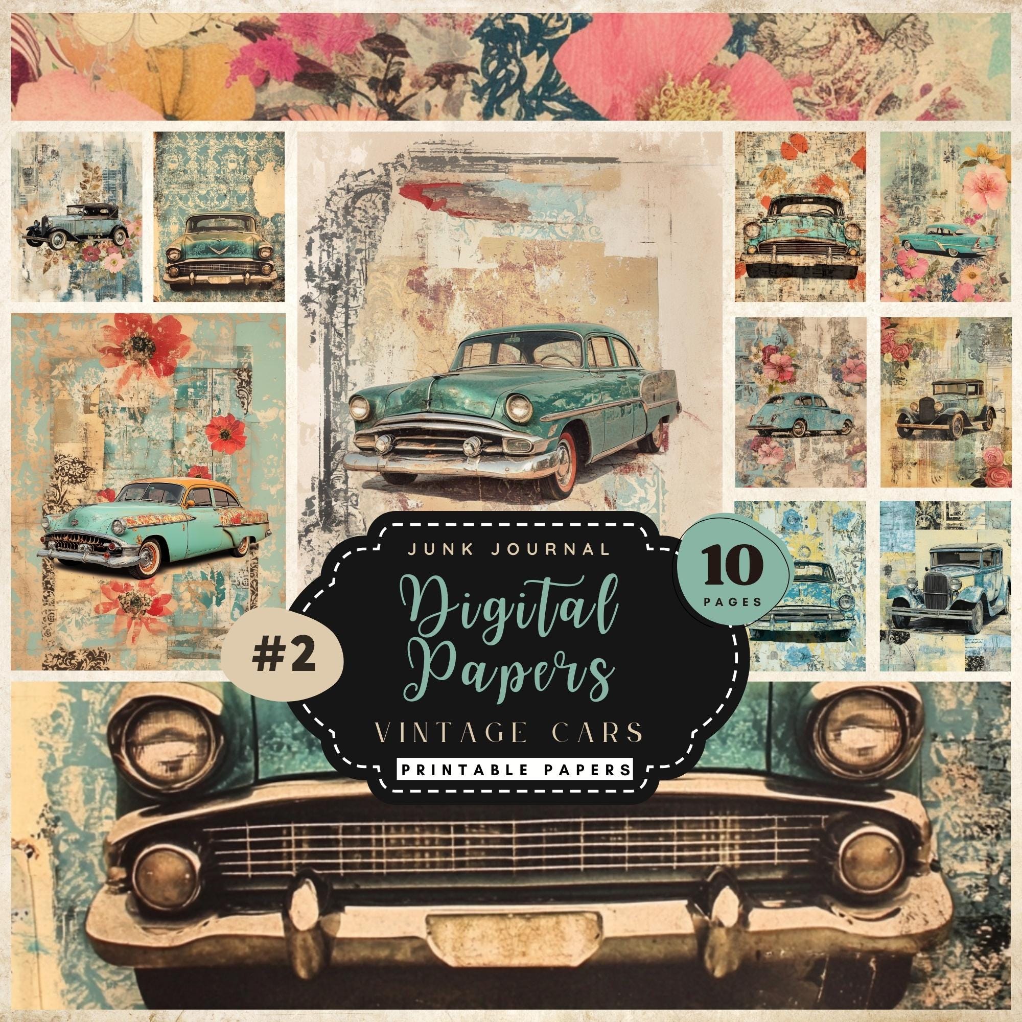 10 Retro Old Car Digital Paper Pack Bundle, Dad Gift, Men Junk Journal ...