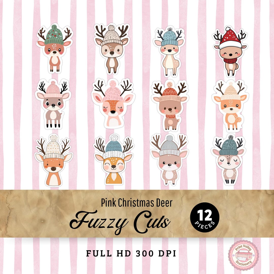 12 Pink Christmas Deer Fuzzy Cuts Stickers Adorable Cute Baby Scandi ...